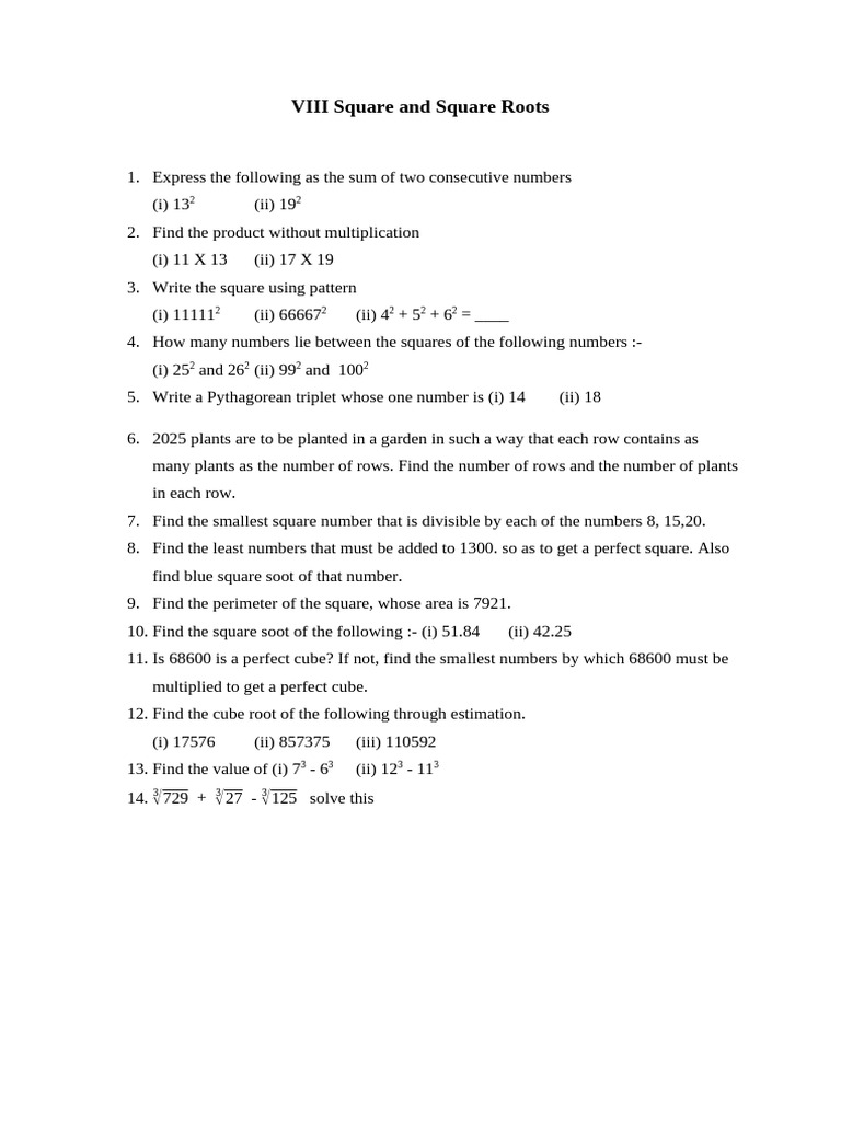 Class 8 Square and Square Roots Exercises | PDF