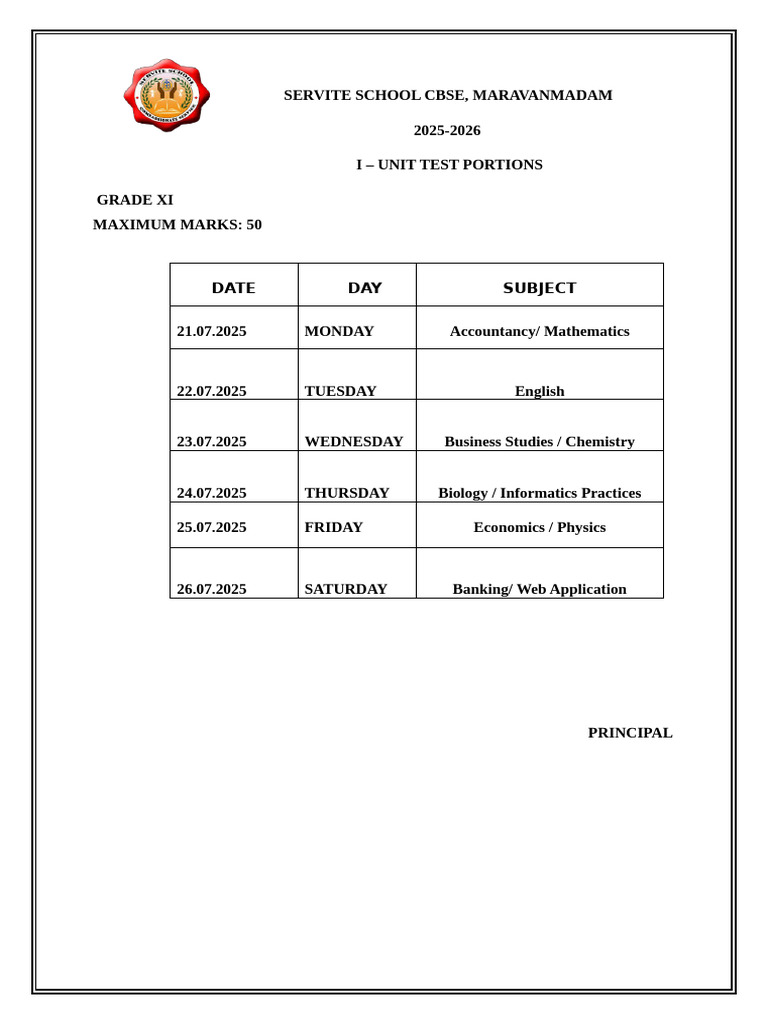 Servite School Grade XI Unit Test Schedule | PDF