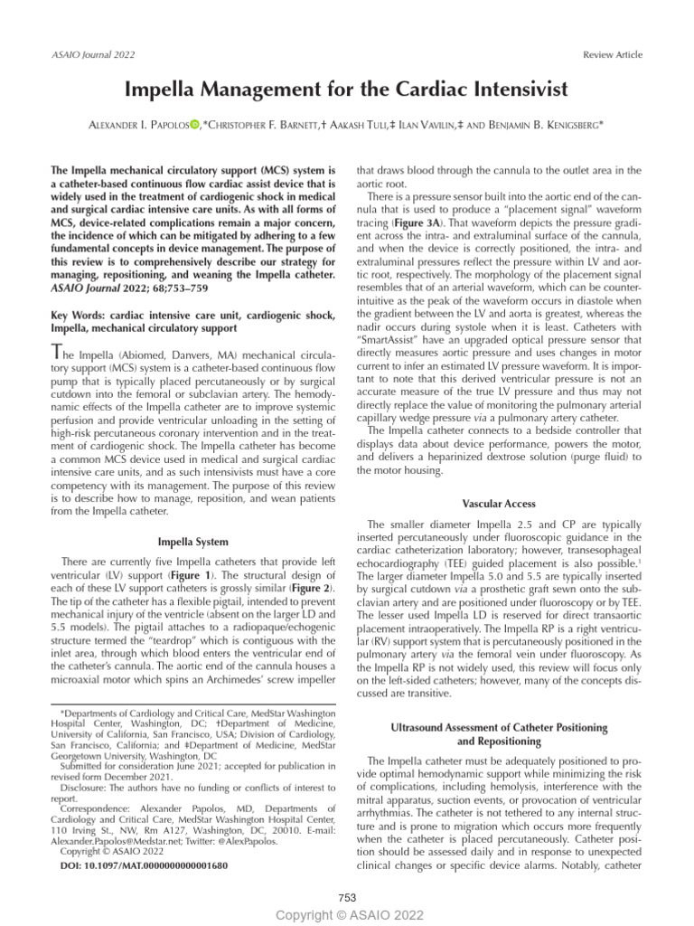 Impella Management For The Cardiac Intensivist.1 | PDF | Heart ...