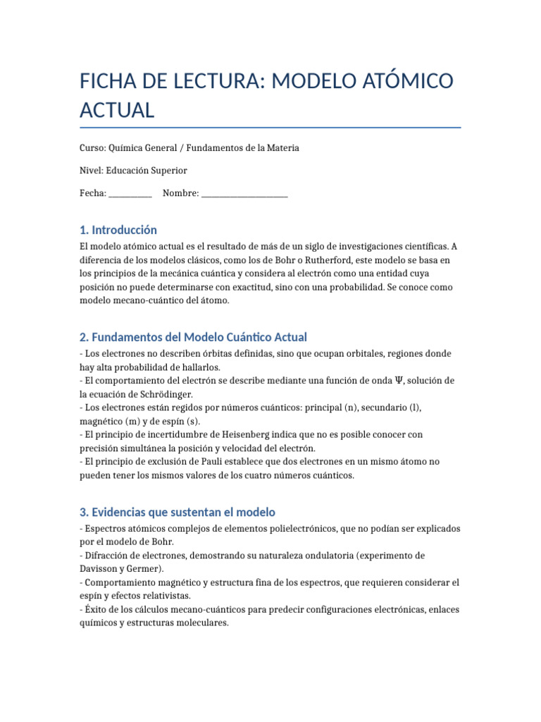 Ficha Lectura Modelo Atomico Actual | PDF | Mecánica cuántica | Electrón
