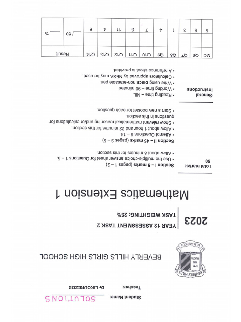 2023 Ext 1 Practice Paper Solutions | PDF