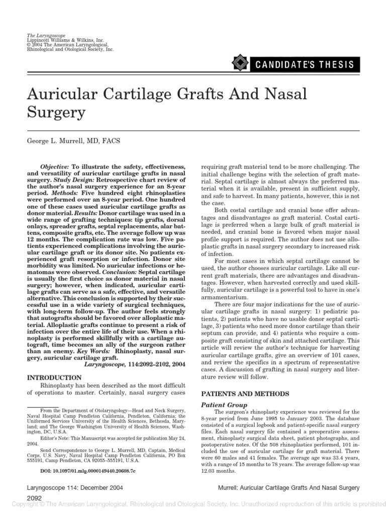 Auricular Cartilage Grafts and Nasal Surgery | PDF | Human Nose | Surgery
