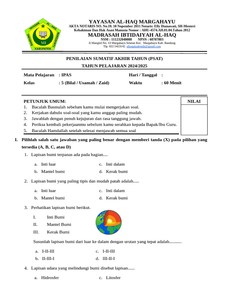 Soal Psat Ipas Kelas 5 2025 | PDF
