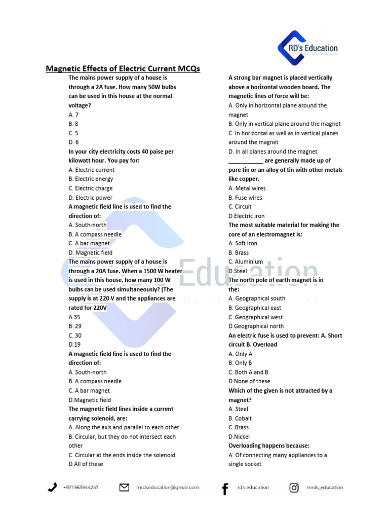 Magnetic Effects of Electric Current MCQs | PDF | Alternating Current | Electric Generator