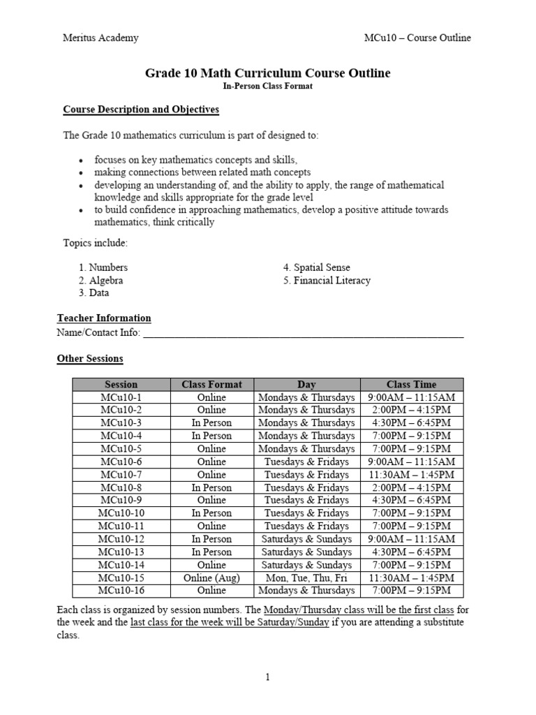 Grade 10 Math Course Outline | PDF | Equations | Mathematics