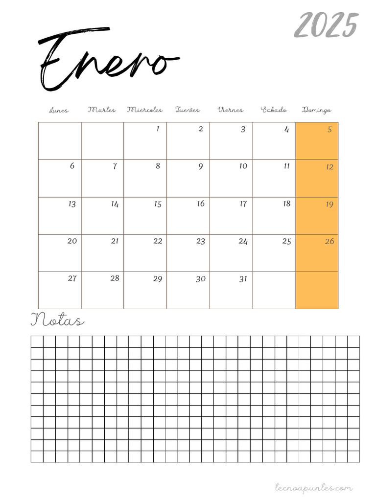 Calendario Mensual 2025 Con Notas PDF Tecnoapuntes | PDF