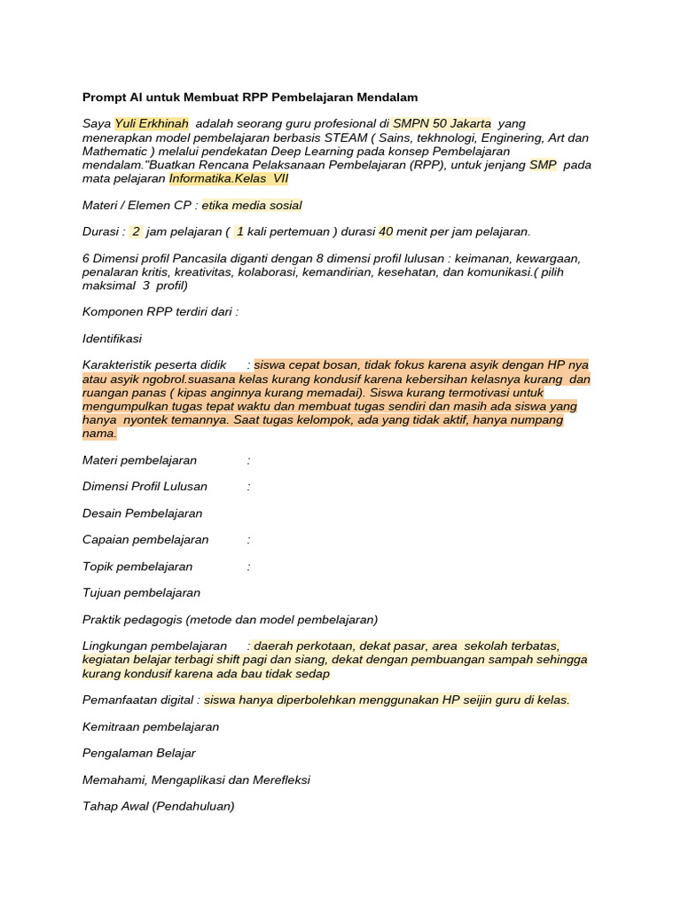 Prompt Ai - RPP Pembelajaran Mendalam - SMPN 50 JKT | PDF
