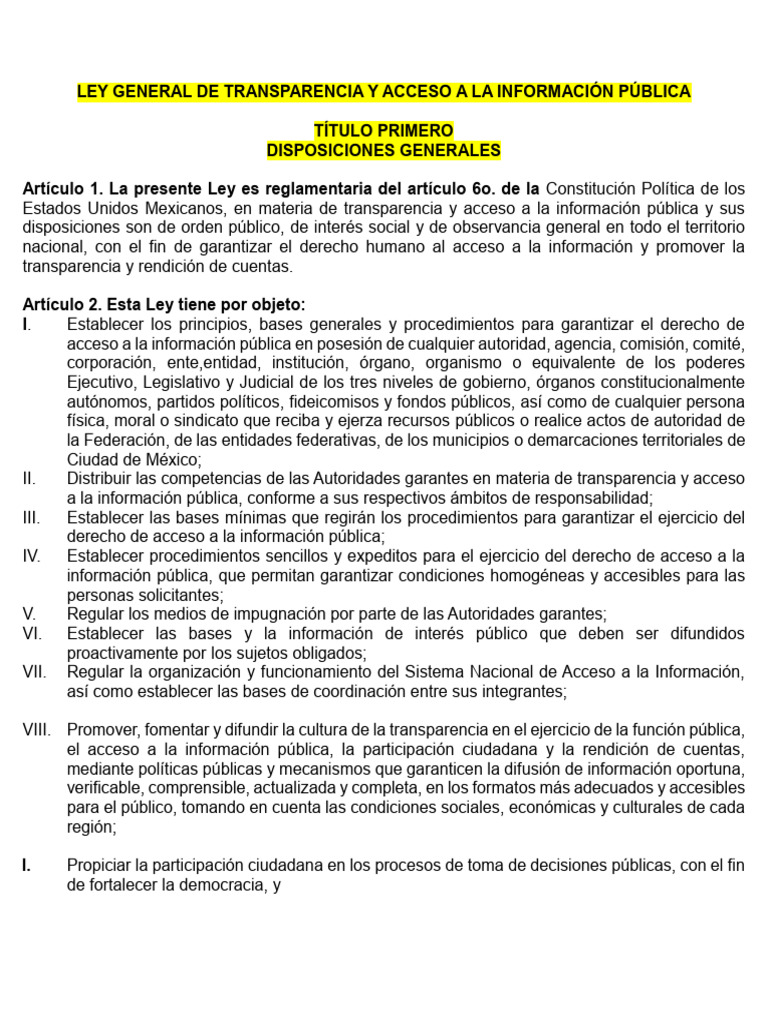 Ley General de Transparencia y Acceso A La Informacion Publica | PDF ...