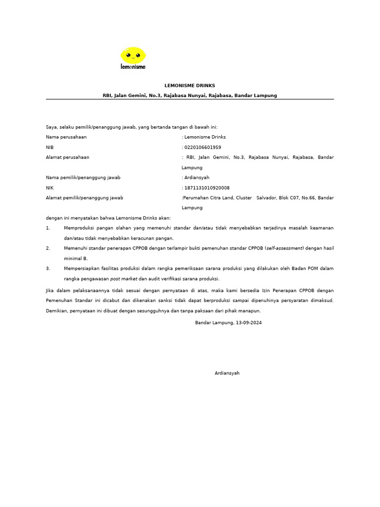 Surat Pemenuhan Standar Penerapan CPPOB | PDF