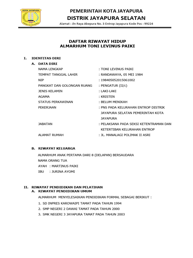 Riwayat Hidup Toni Levinus Paiki | PDF