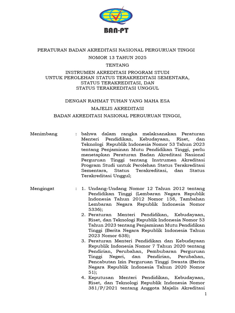 Peraturan BAN-PT No. 13 Tahun 2025 | PDF