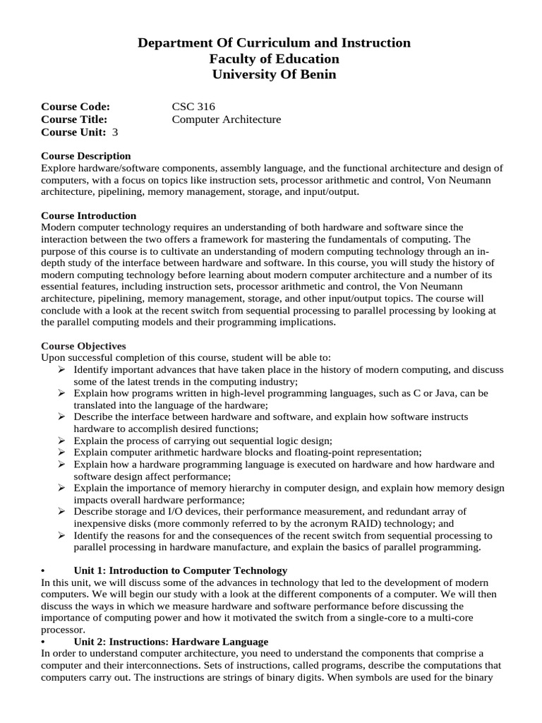 Computer Architecture Course Outline | PDF | Central Processing Unit ...