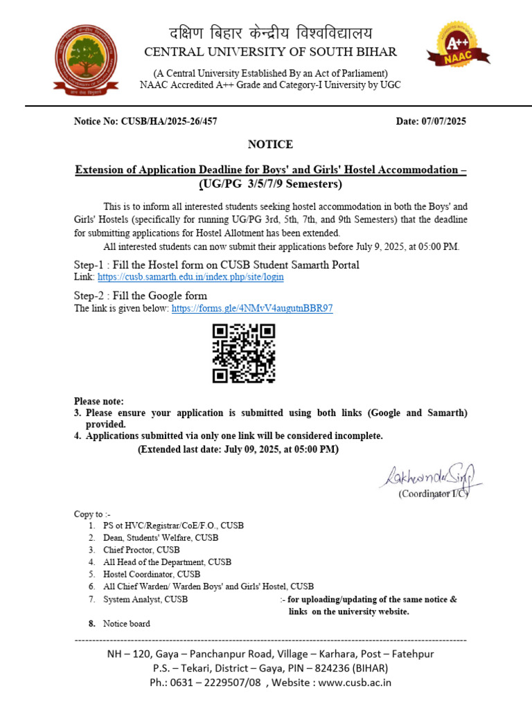 Extension Notice - Hostel Allotment UG-PG 3,5,7,9 Sem. Students | PDF