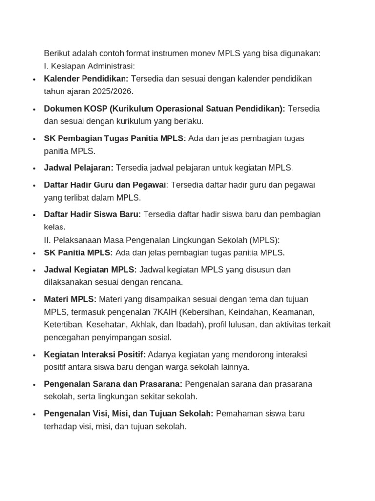 Instrumen Monev MPLS 2025/2026 | PDF