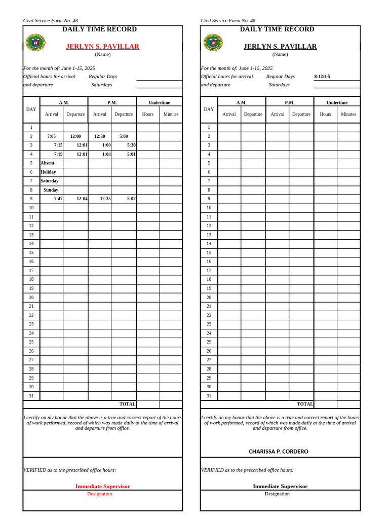 CSC Form 48 DTR - Blank | PDF