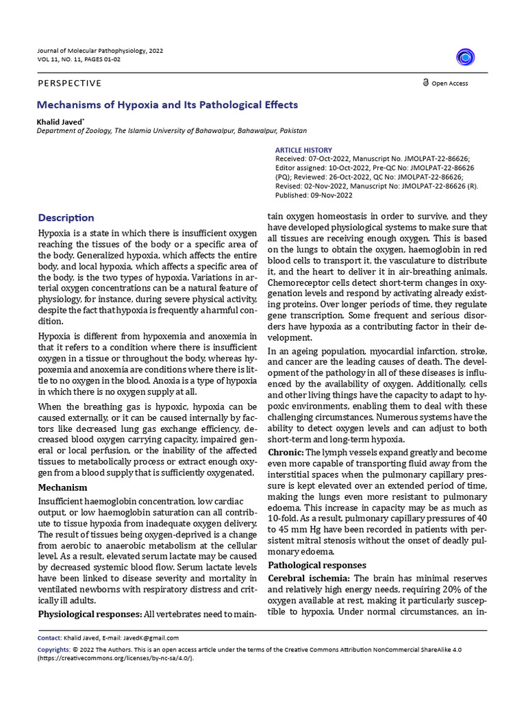 Mechanisms of Hypoxia and Its Pathological Effects | PDF | Physiology ...