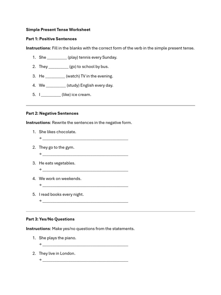 Simple Present Tense Worksheet | PDF