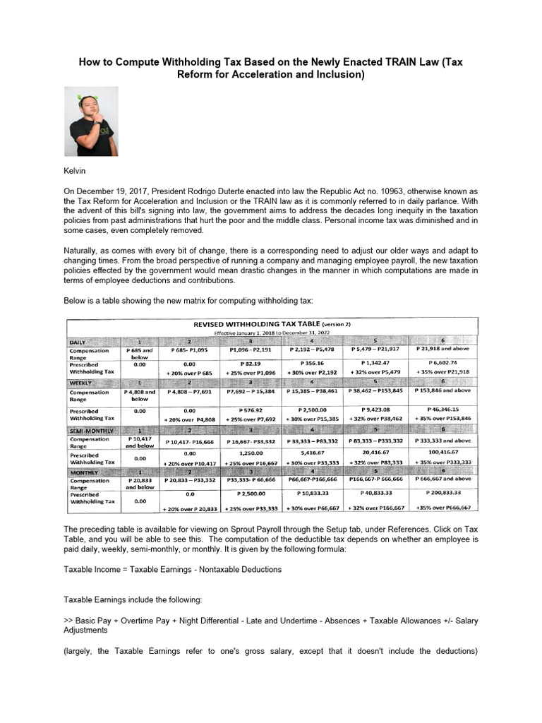 TAX How To Compute Withholding Tax Based On The Newly Enacted TRAIN Law ...