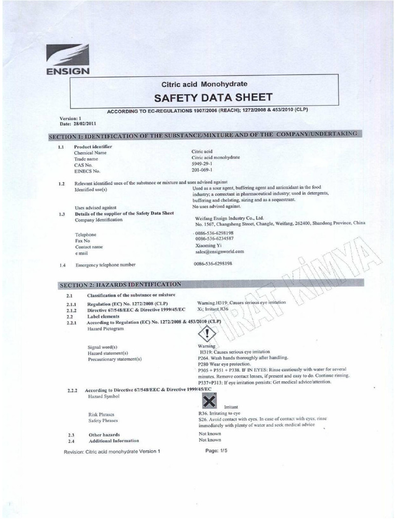 Sitrik Asit Msds | PDF