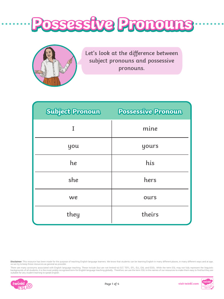 Possessive Pronouns Worksheet | PDF | English As A Second Or Foreign ...