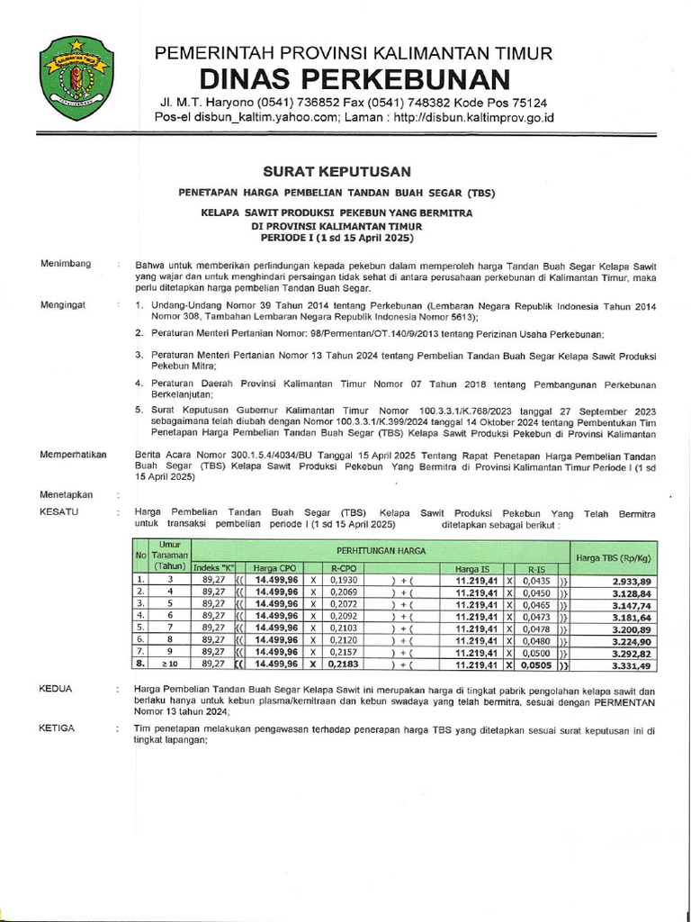 Informasi Harga Tbs Kelapa Sawit Bagi Pekebun Mitra Periode I Bulan April 2025 | PDF