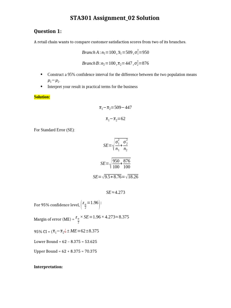 STA301 Assignment Spring2025 Solution | PDF | Confidence Interval | Estimation Theory