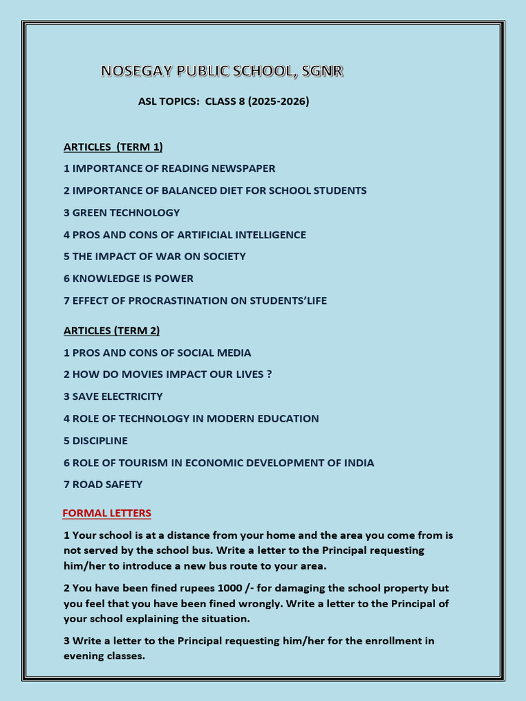 Asl Topics Class 8 (2025-2026) | PDF