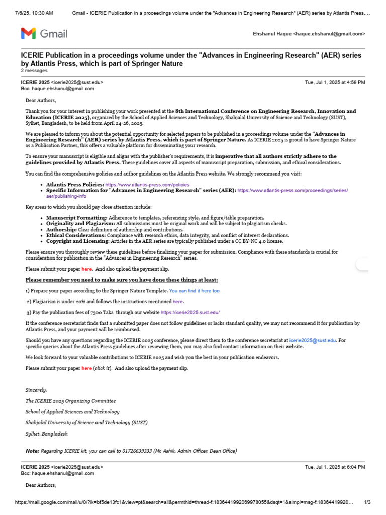 Gmail - ICERIE Publication in A Proceedings Volume Under The - Advances ...