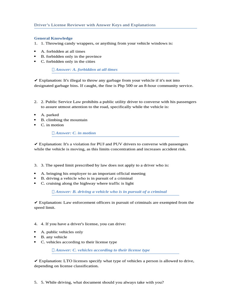 Driver's License Exam Review Guide | PDF | Driving | Driver's License