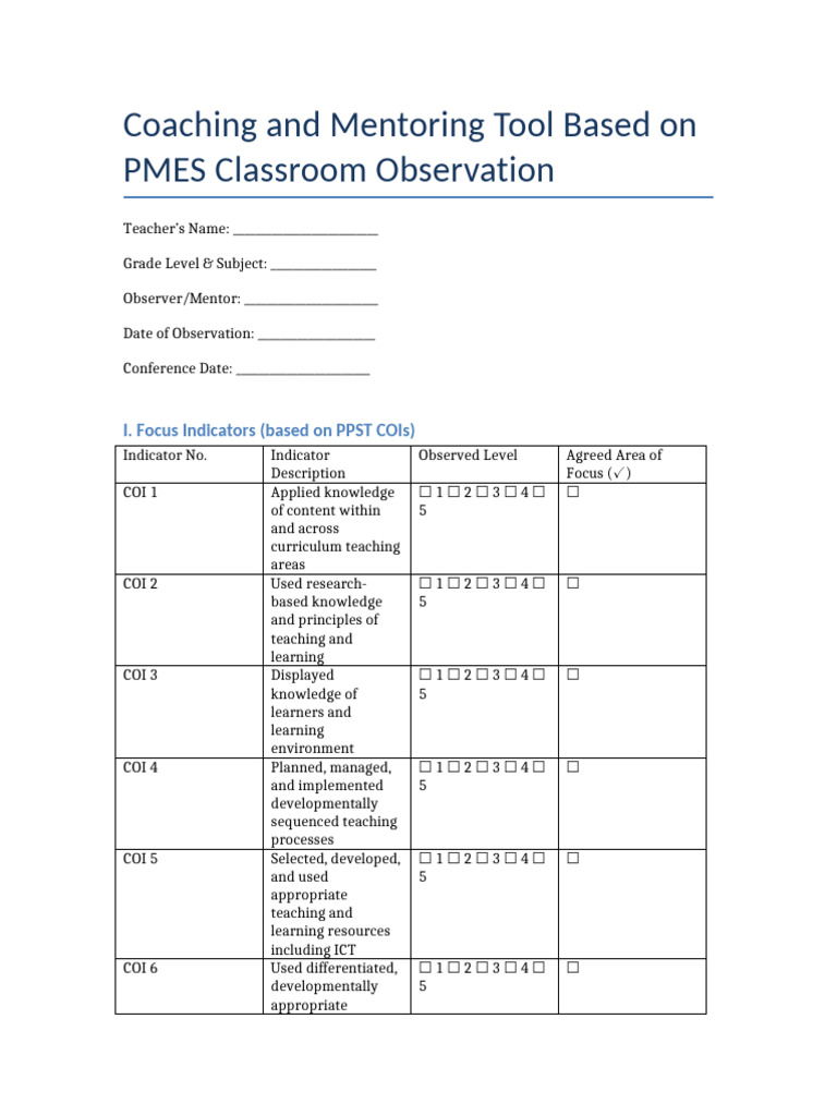 Coaching and Mentoring Tool PMES | PDF | Mentorship | Educational ...