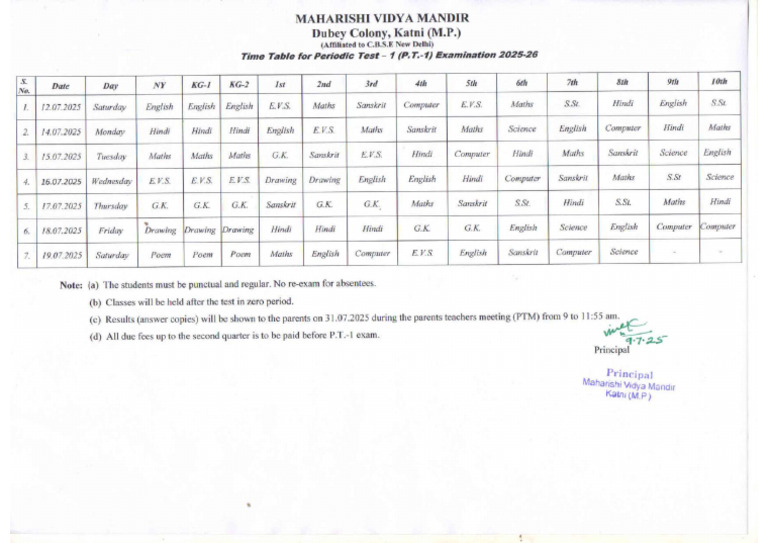 PT-1 Exam Time Table 2025-26 | PDF