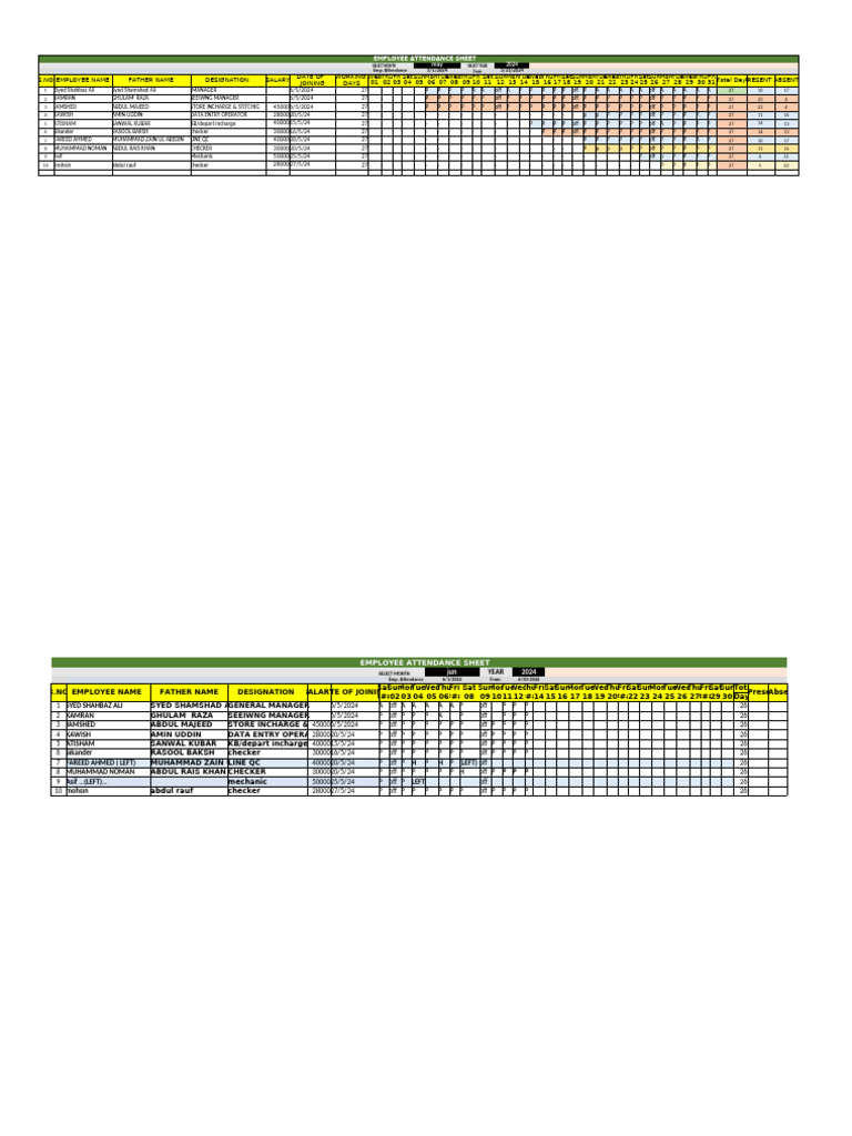 PG Setup Worker Attentdets Sheet May - Jun | PDF