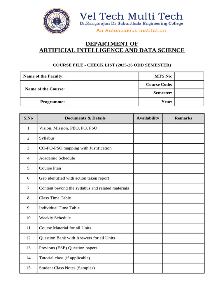 AI & Data Science Course Checklist 2025-26 | PDF
