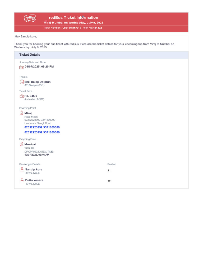 Redbus Ticket Information | PDF
