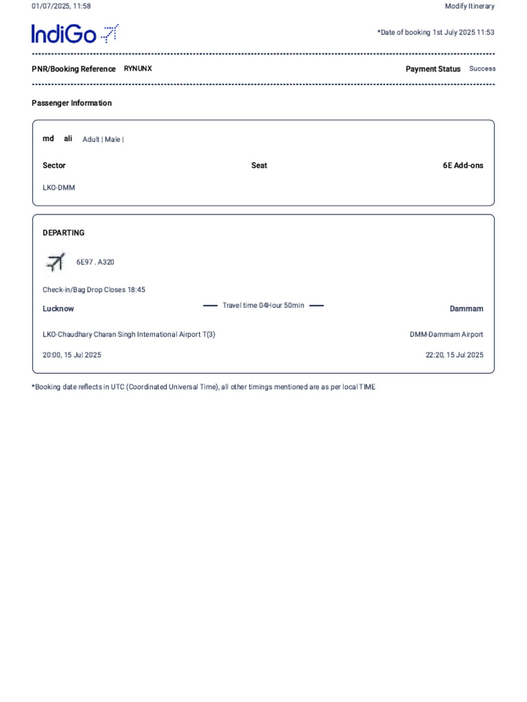 Lko To Dammam PDF Ticket | PDF | Travel Visa | Airport