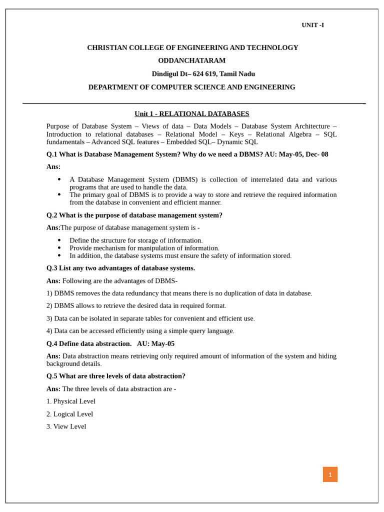 Unit 1 Two Marks Q&A IT | PDF | Databases | Relational Model