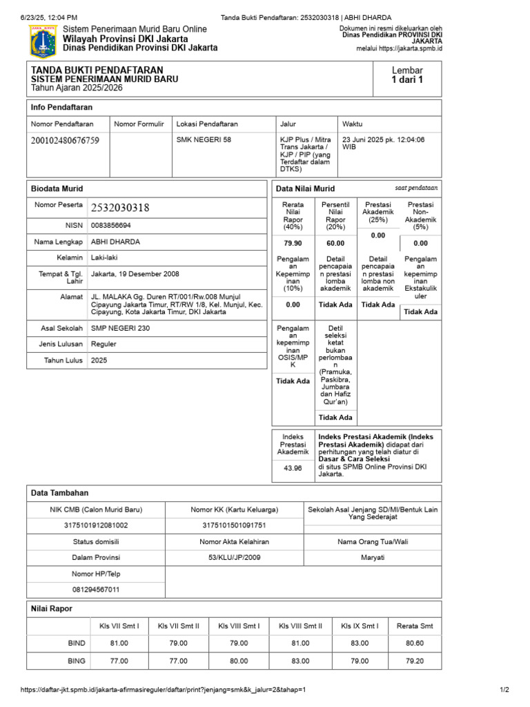 Tanda Bukti Pendaftaran_ 2532030318 _ ABHI 2 | PDF