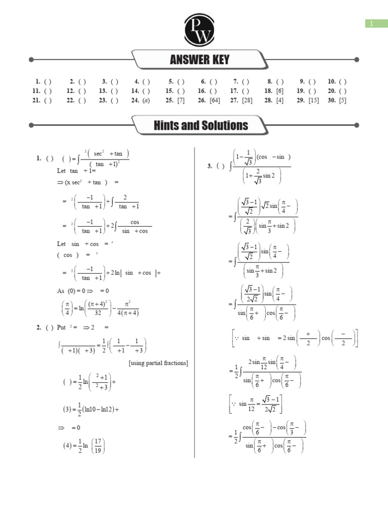 Indefinite Integration - PYQ Sheet (Solutions) - Manzil JEE 2025 | PDF | Chess Theory | Chess