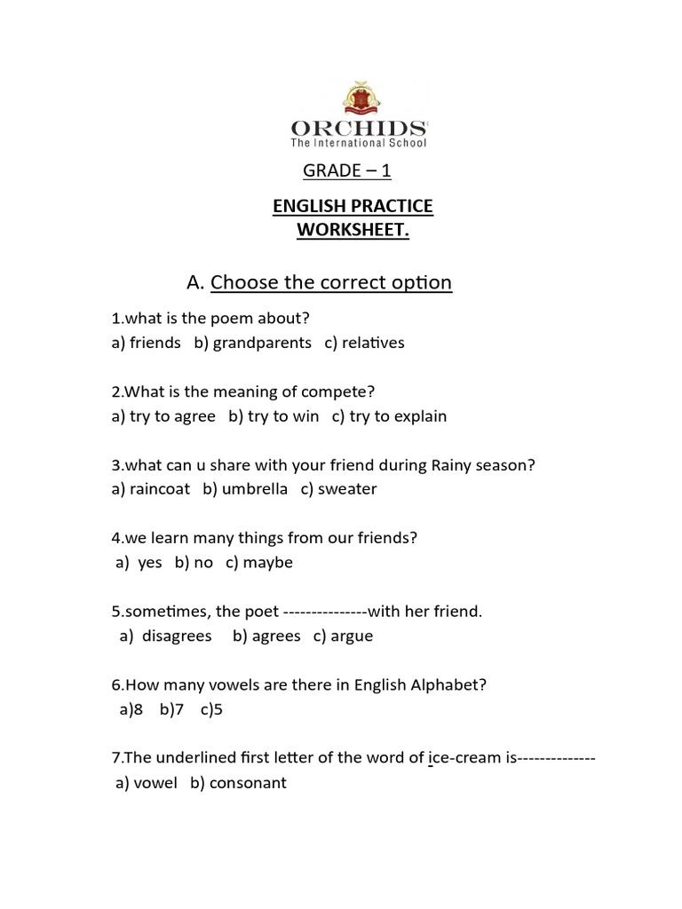 Grade 1 English Practice Worksheet | PDF