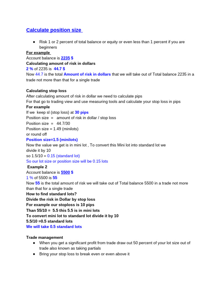Risk Management How To Calculate Lot Position Size For Every Trade | PDF
