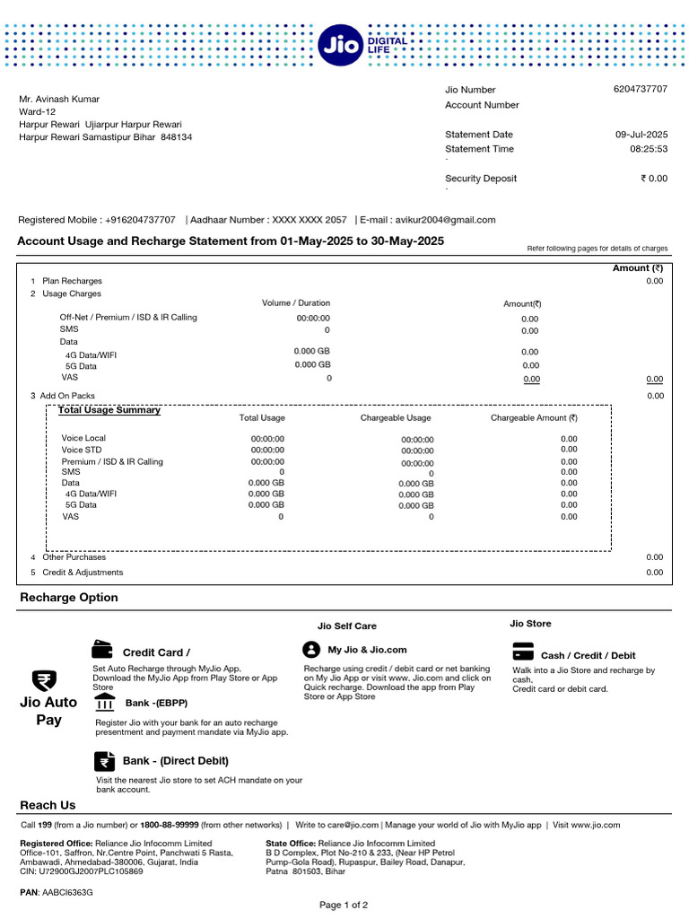 Jio Account Usage Statement July 2025 | PDF | Service Industries