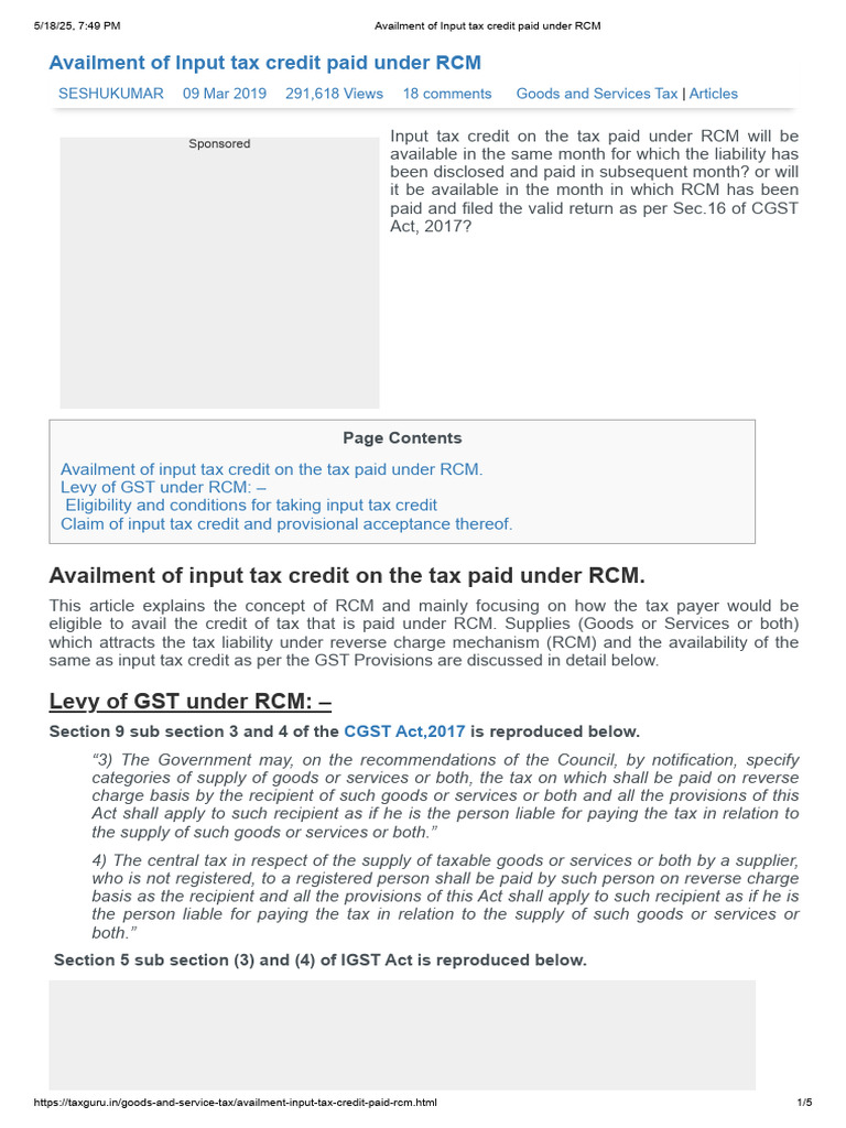 Availment of Input Tax Credit Paid Under RCM | PDF | Taxes | Government Finances