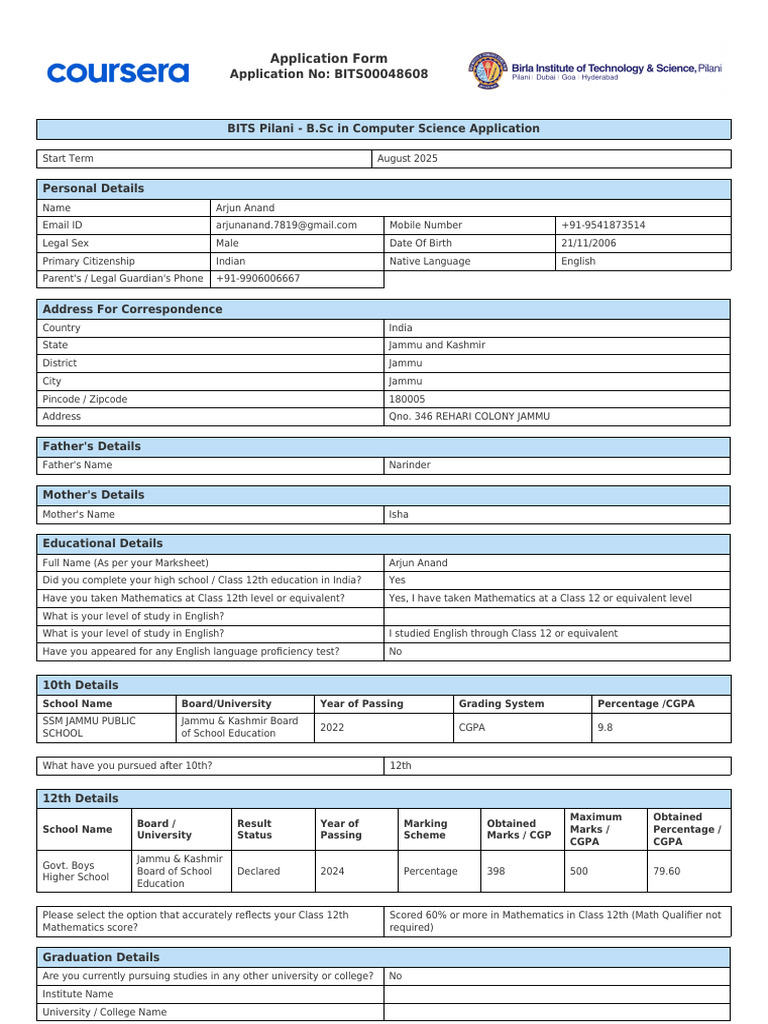 Application Form BITS00048608 | PDF
