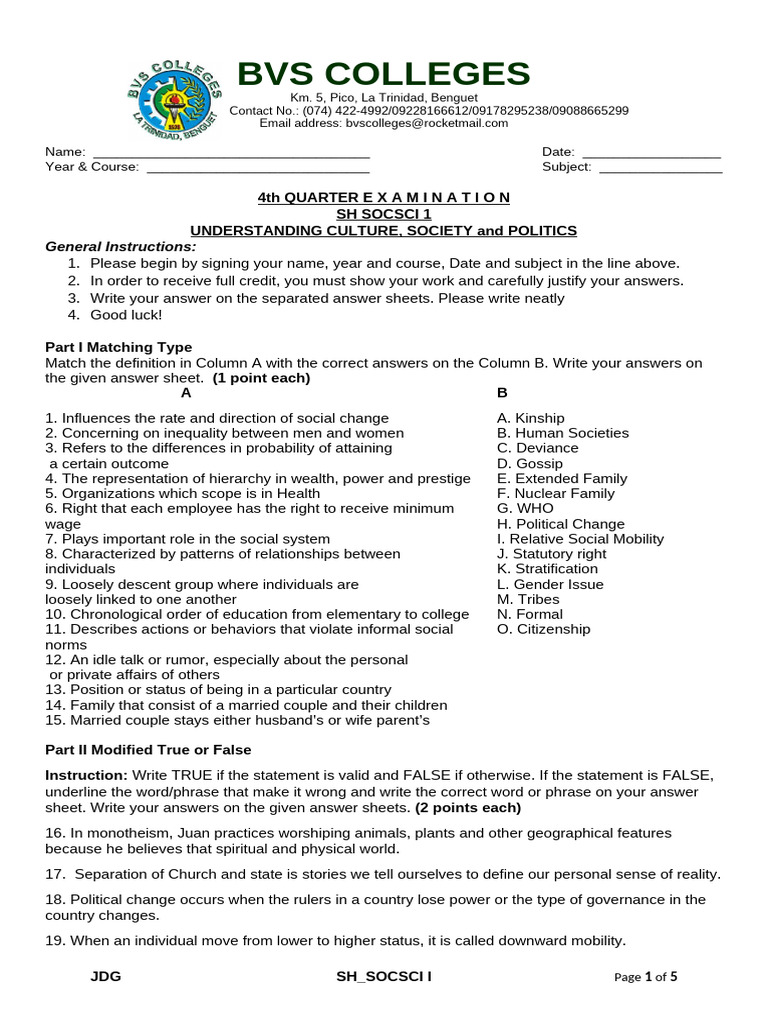 BVS College Course Exam Instructions | PDF | Family | Marriage