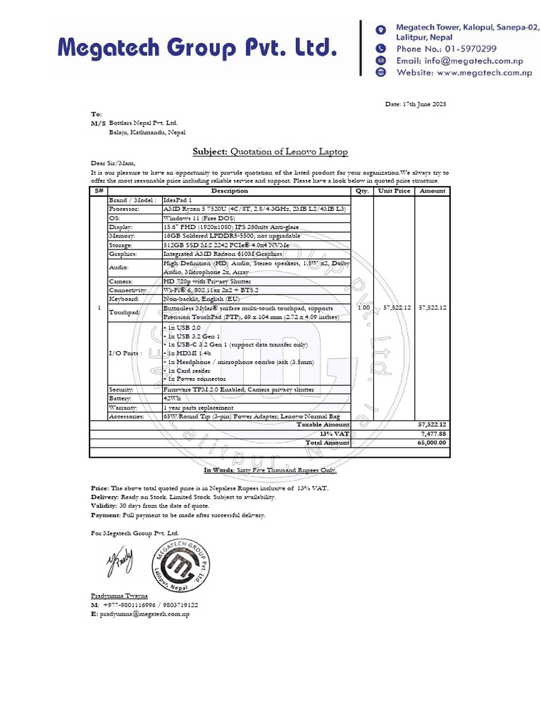 Quotation of IP 1 R5 (Bottlers Nepal) | PDF | Laptop | Computer Hardware