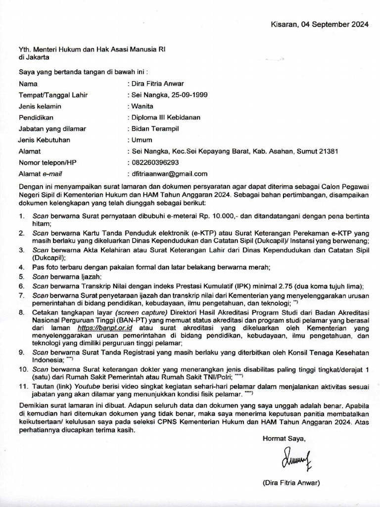 Surat Lamaran Dira Fitria Anwar | PDF