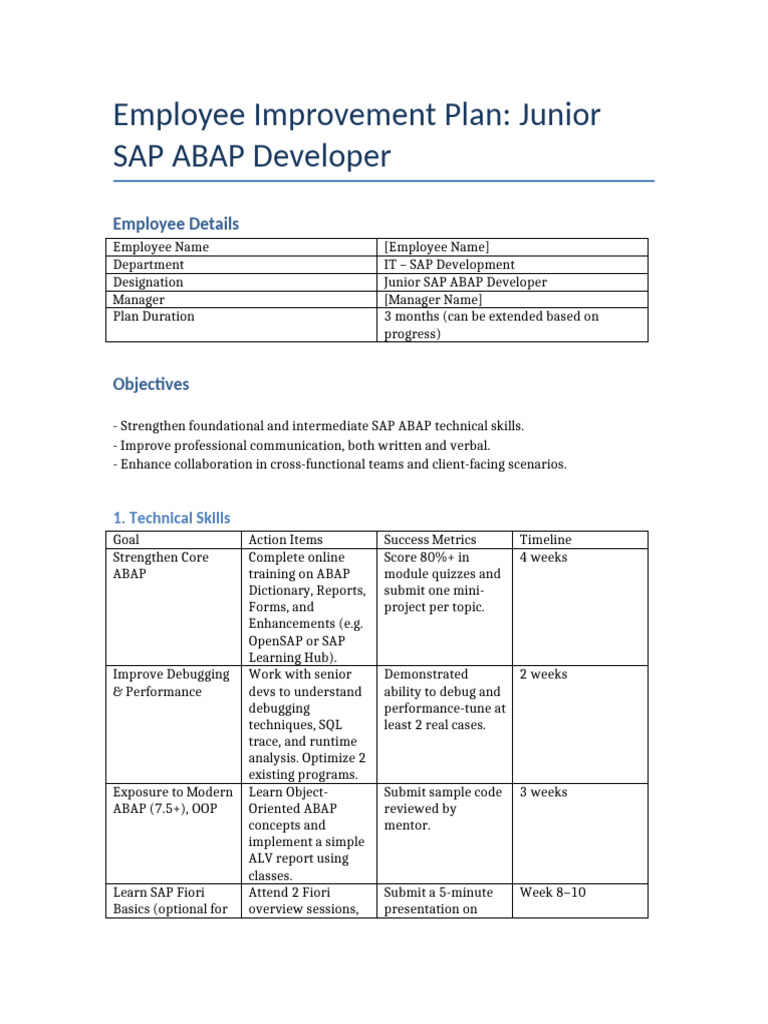 Employee Improvement Plan Junior SAP ABAP | PDF | Mentorship | Computing