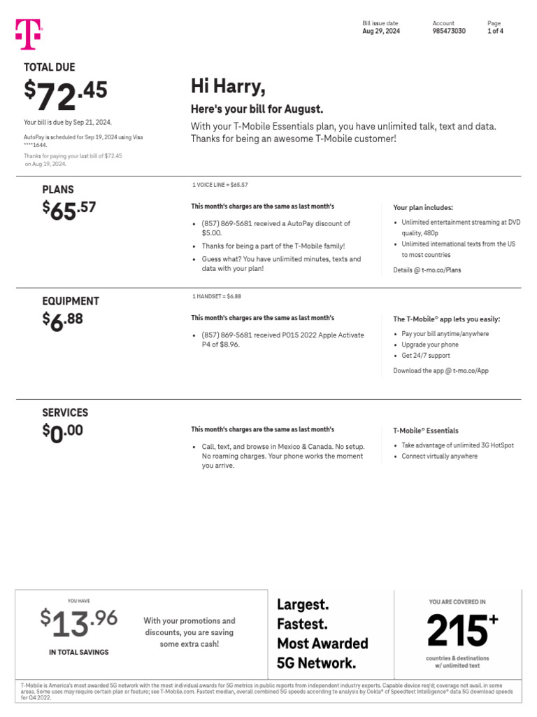 Summary Bill Aug 2024 | PDF | T Mobile Us | Fee