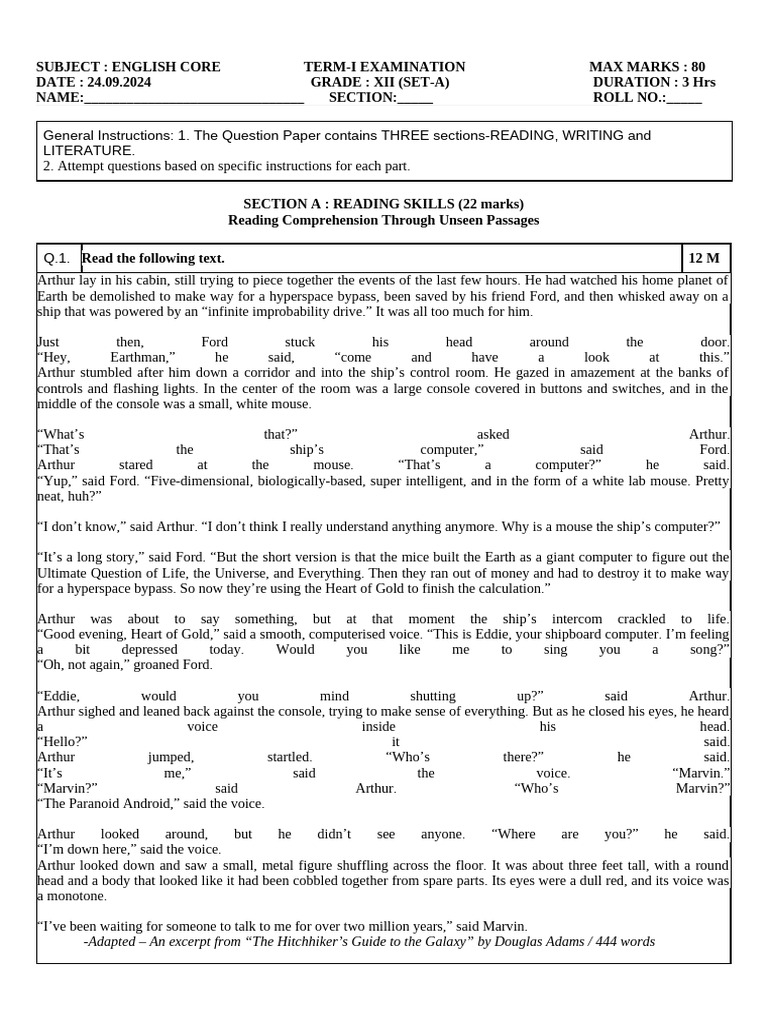 CBSE Grade12 English Core Sample Question Paper | PDF