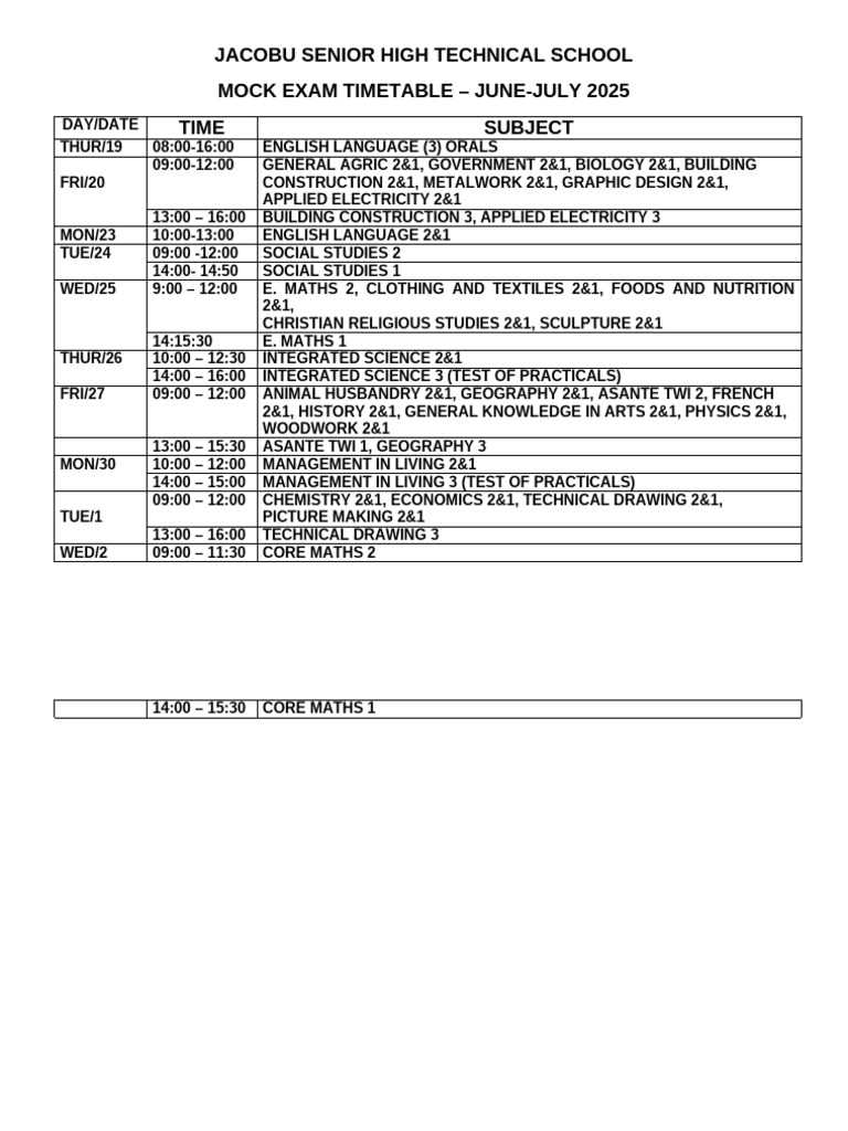 2025 Mock Timetable - 090520 | PDF